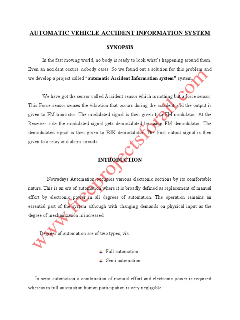 Automatic Vehicle Accident Information System: Synopsis | PDF | Automation | Frequency Modulation