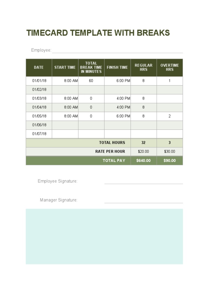 Timecard Template With Breaks: Employee | PDF