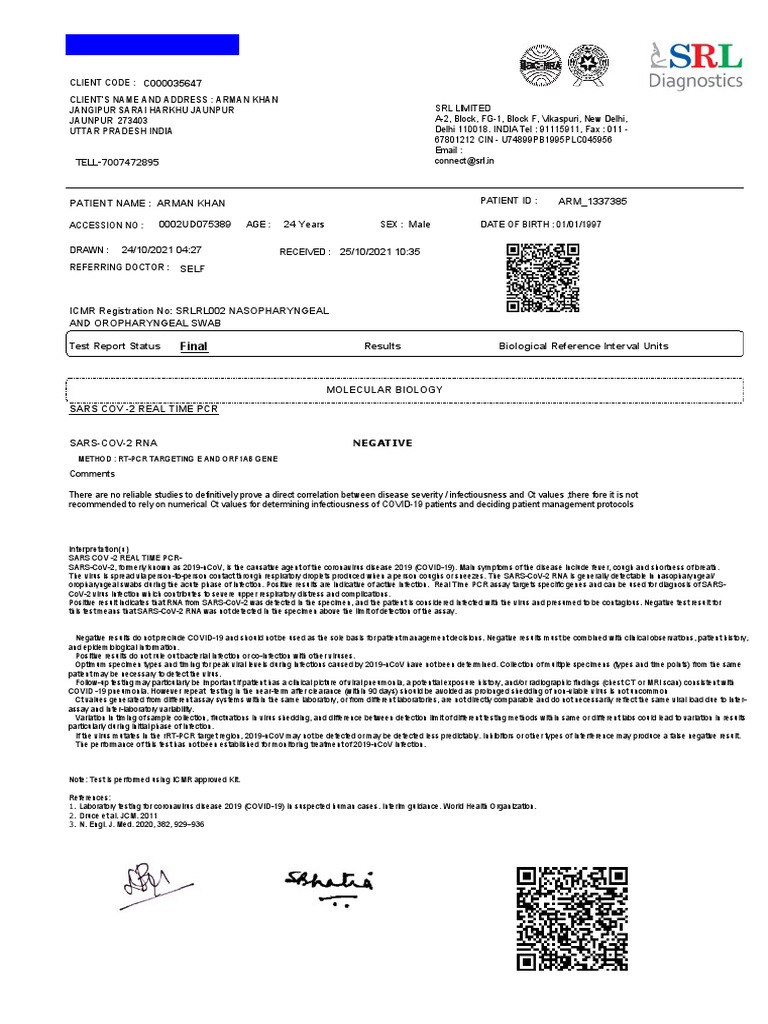 Arman Khan RT-PCR Test Report | PDF | Infection | Virus