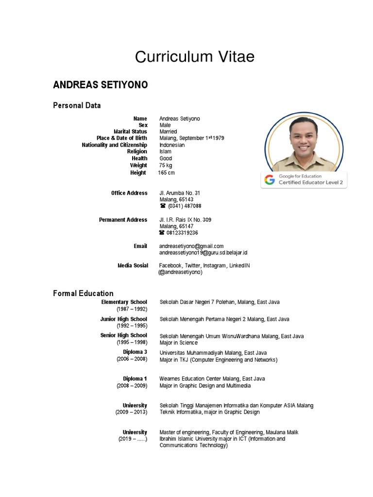 Curriculum Vitae: Andreas Setiyono | PDF | Computing