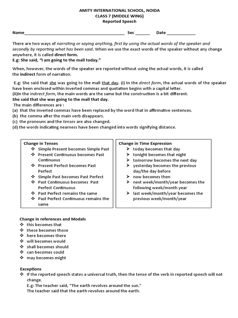 Reported Speech Class 7 2021-22 | PDF | Human Communication | Grammar