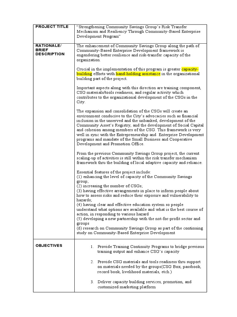 Project Concept For Community Saving Group Program | PDF | Risk ...