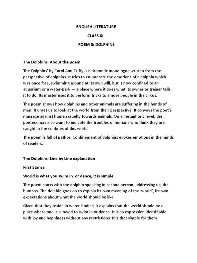 Poem Analysis for Class XI Students | PDF | Dolphin | Poetry