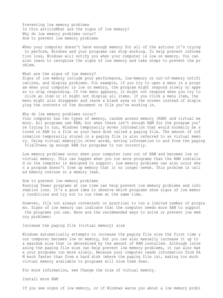 Preventing Low Memory Problems Pdf Random Access Memory Computer
