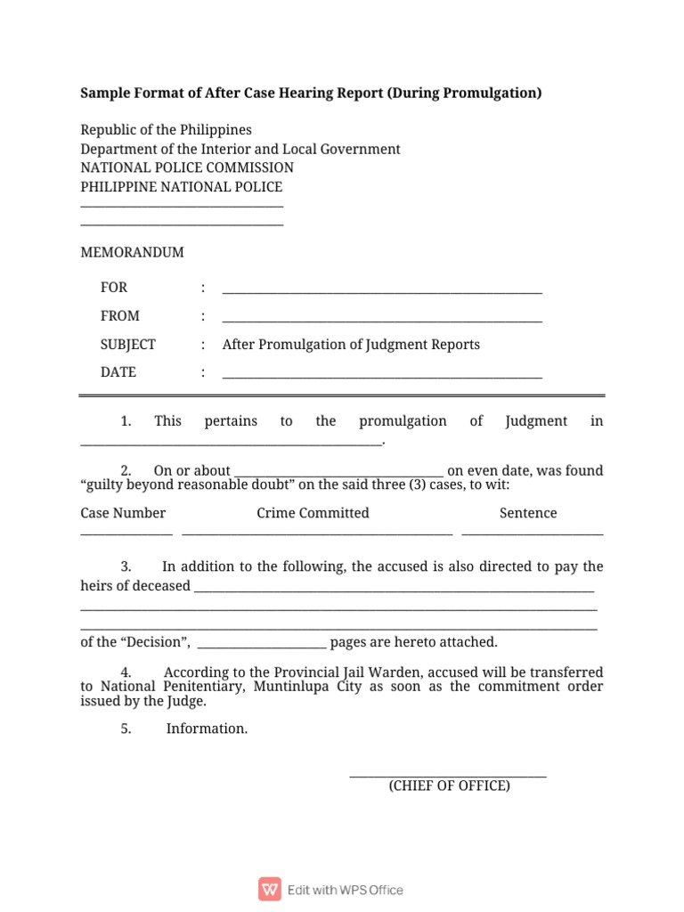 Sample Format of After Case Hearing Report (During Promulgation) | PDF