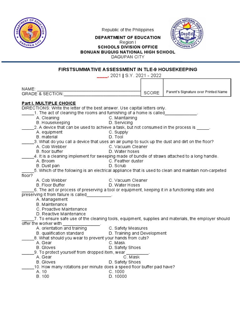 TLE-9 Housekeeping Assessment Exam | PDF | Housekeeping | Home
