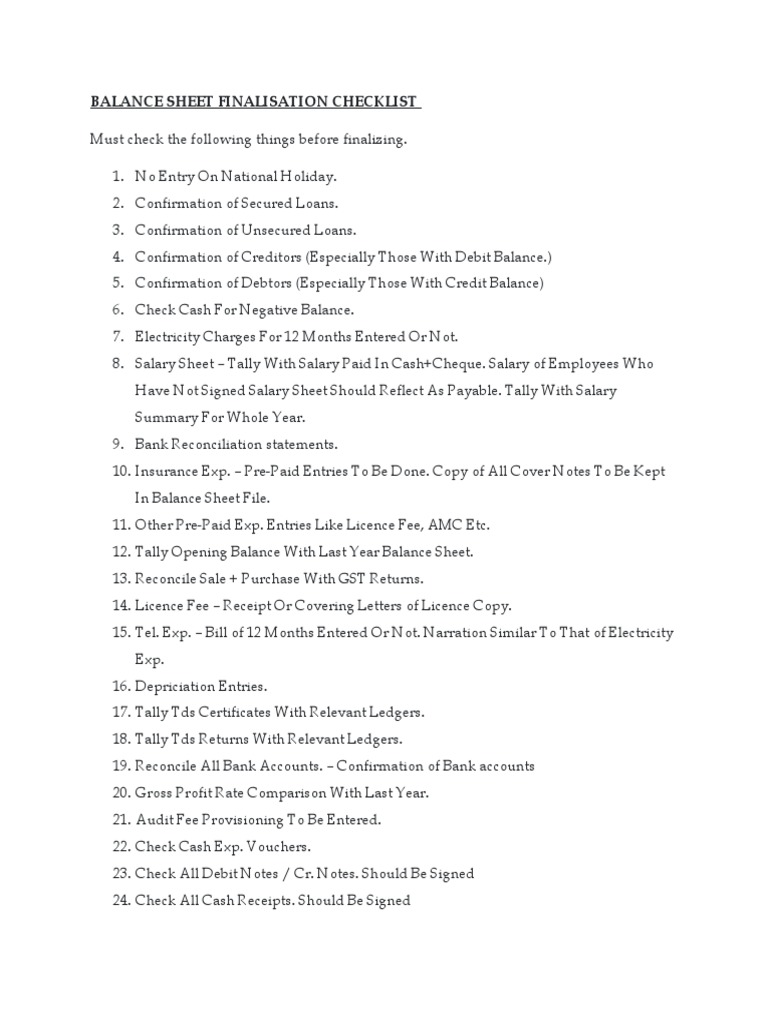 Balance Sheet Finalisation Checklist | PDF