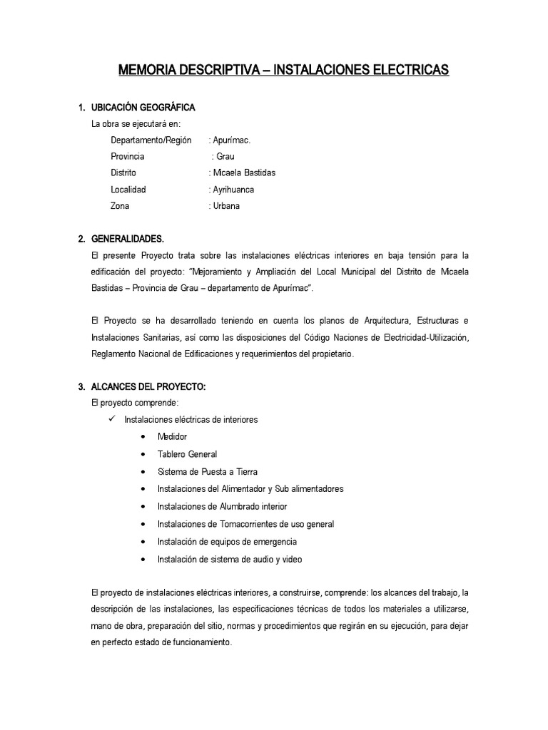 Memoria Descriptiva Instalaciones Electricas | PDF | Cableado eléctrico | Enchufes y tomas de ...