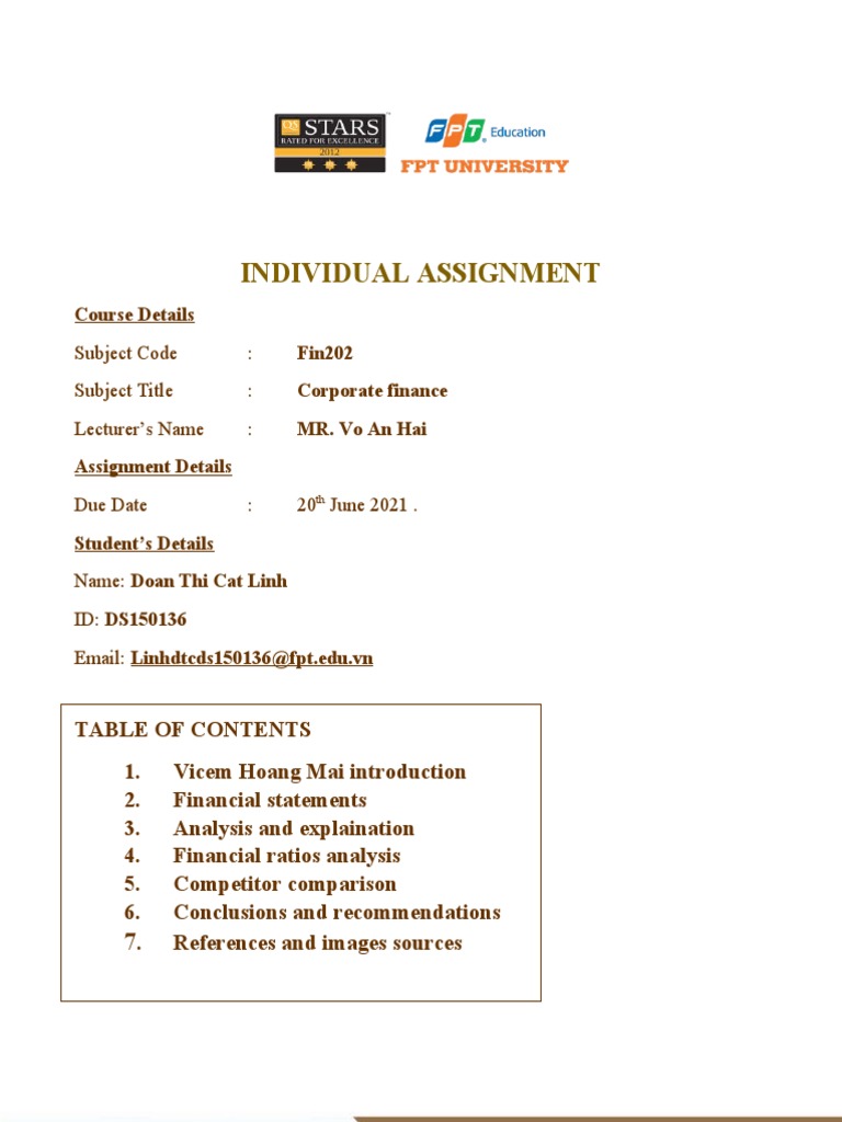 Individual Assignment: Course Details Fin202 Corporate Finance MR. Vo An Hai Assignment Details ...