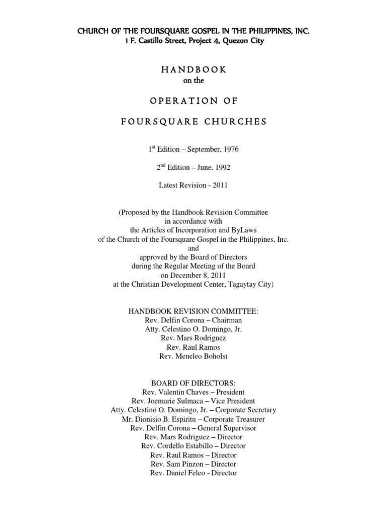 Foursquare Church Operations Handbook | PDF | Christian Church | Pastor