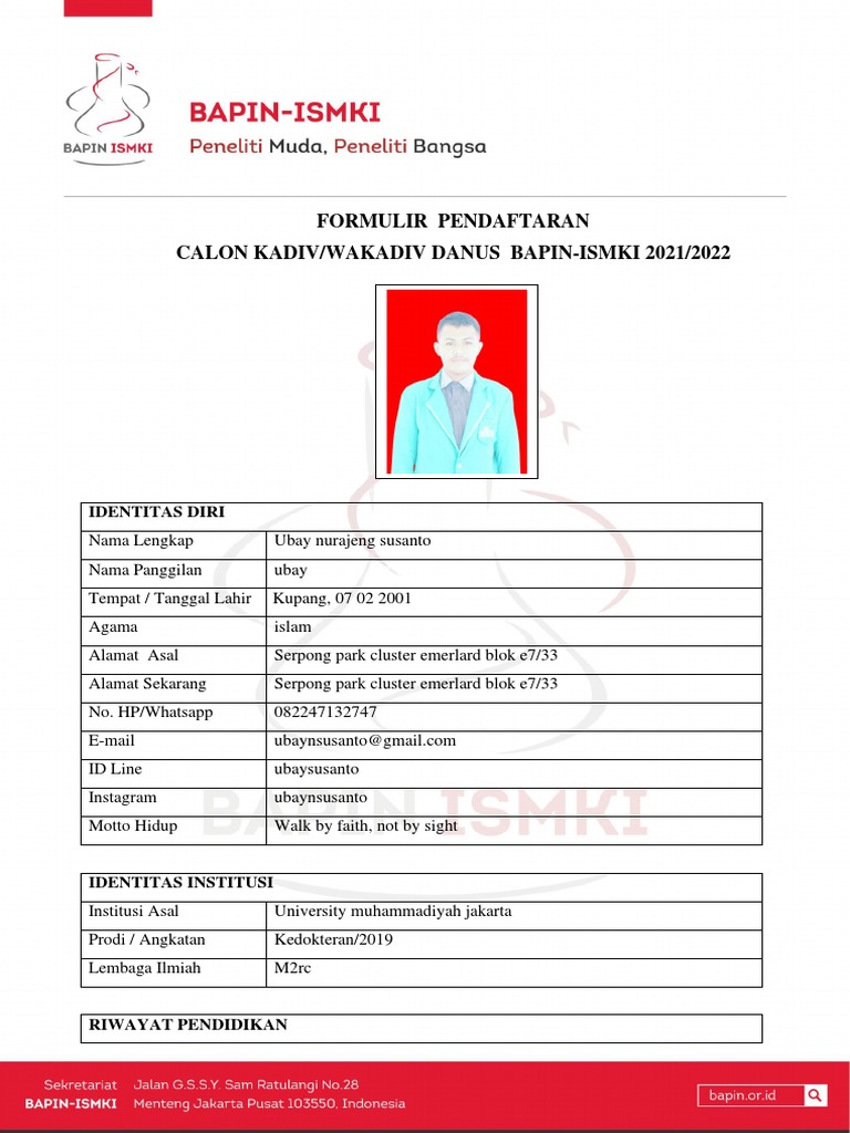 Formulir Pendaftaran Kadiv/Wakadiv Danus BAPIN-ISMKI 2021/2022 | PDF