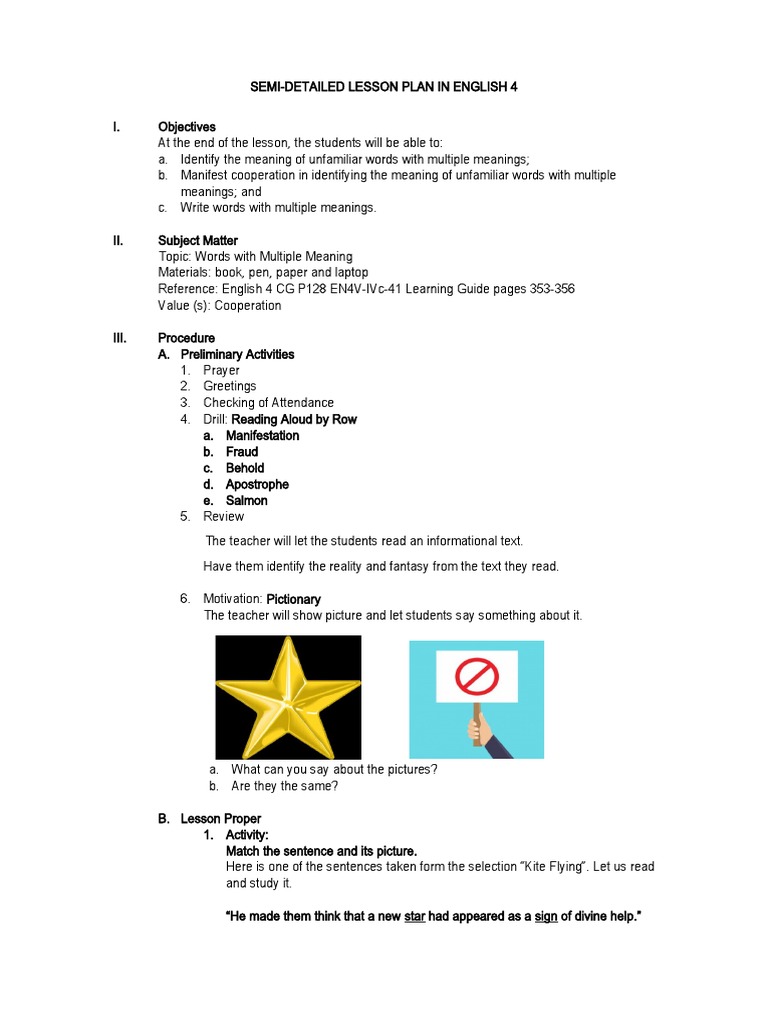 Lesson Plan: Understanding Multiple Meanings | PDF | Lesson Plan ...