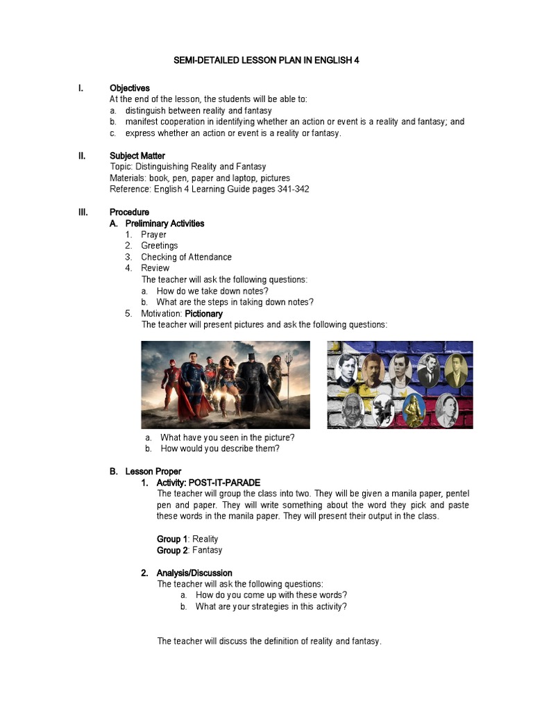 Fanatasy vs. Reality | PDF | Reality | Lesson Plan
