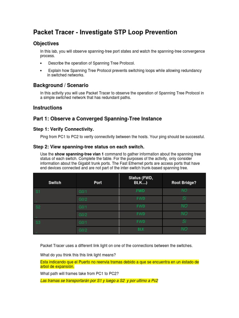Packet Tracer - Investigate STP Loop Prevention: Objectives | PDF ...