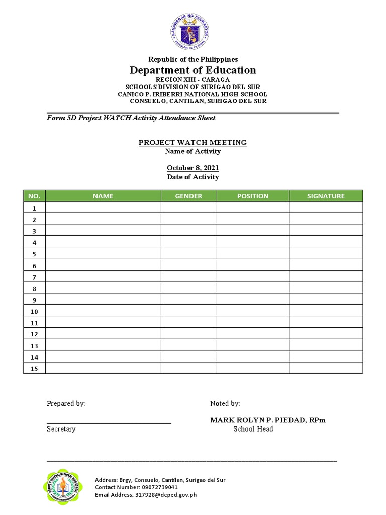 Form 5D Project WATCH Attendance Sheet | PDF