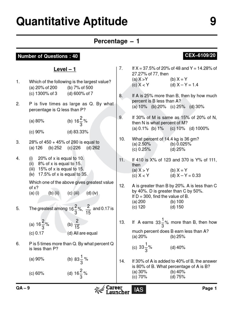 Quantitative Aptitude Percentage Problems | PDF | Elementary ...