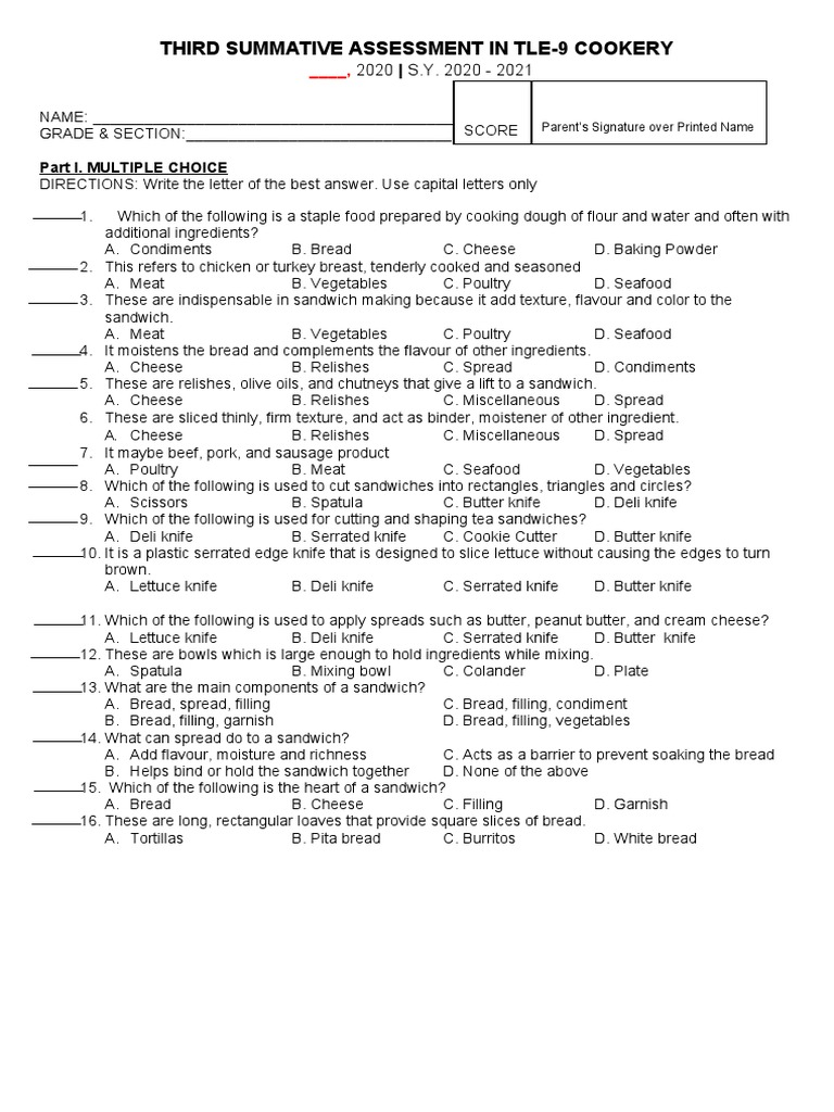 3rd Quarter Summative Test Cookery 9 | PDF | Sandwich | Breads