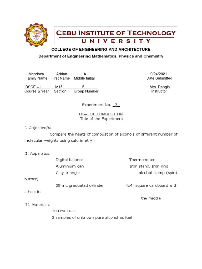CHEM181-M15 Expt. No. 3 FINAL REPORT - MENDOZA | PDF | Mole (Unit) | Ethanol