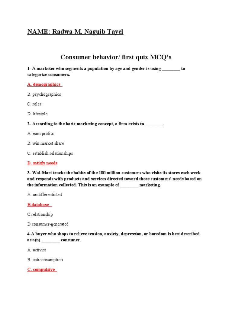 Consumer Behavior 1st Quiz | Download Free PDF | Perception | Emergence