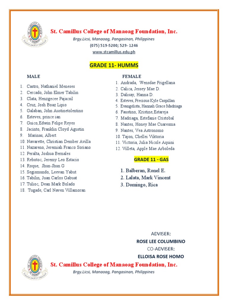 St. Camillus College of Manaoag Foundation, Inc.: Grade 11-Humms | PDF