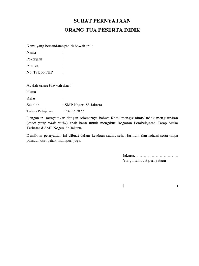 Surat Pernyataan Ortu PTM | PDF
