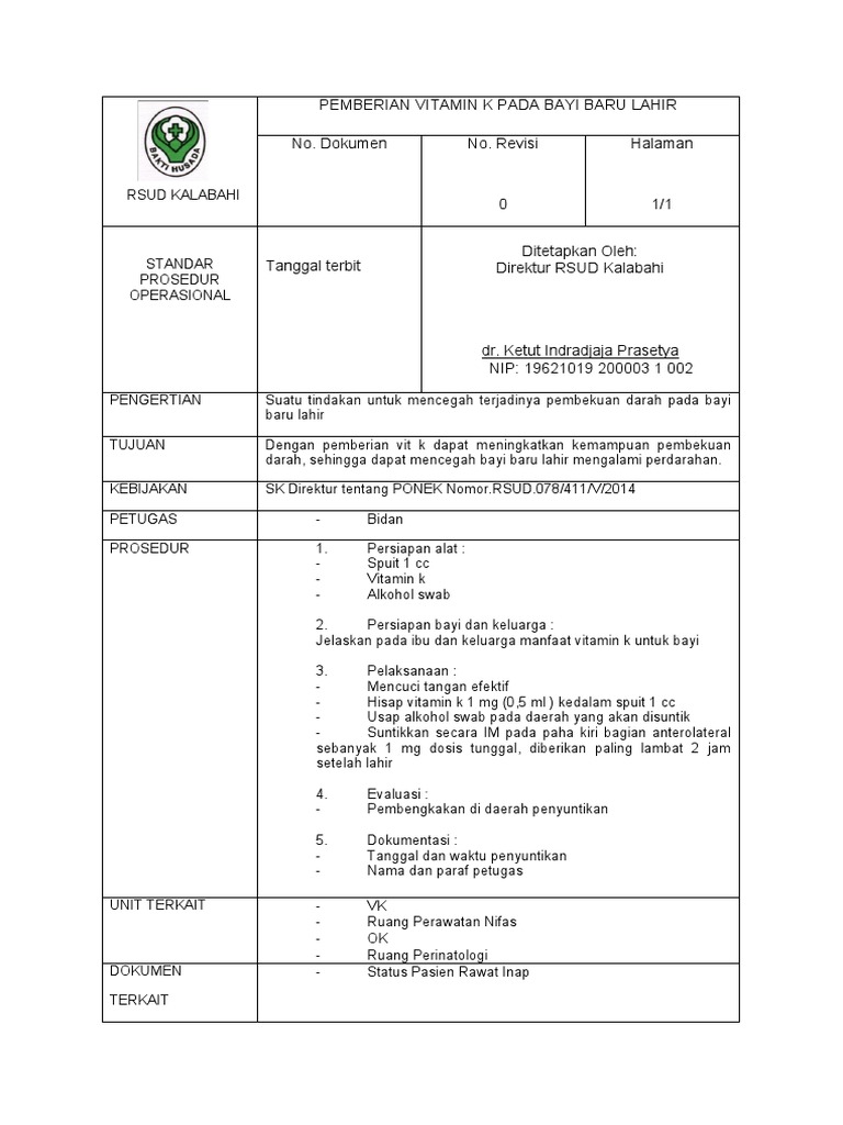 SOP 21 Pemberian Vit K Pada Bayi Baru Lahir | PDF