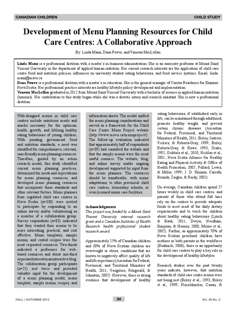 Development of Menu Planning Resources For Child Care Centres: A ...