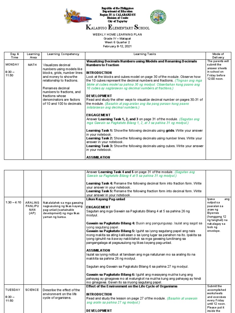 Weekly Home Learning Plan Week 6 Q2 | PDF | Syntax | Linguistic Morphology