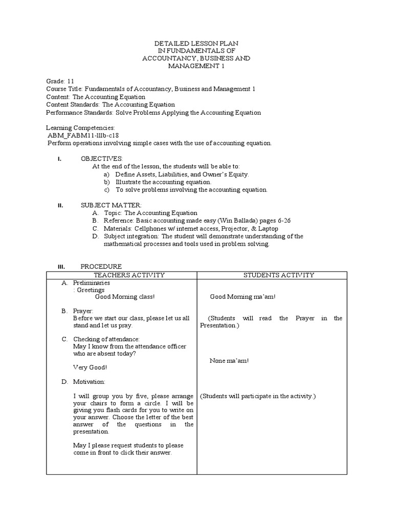Detailed Lesson Plan Acctg 3docx | PDF | Equity (Finance) | Liability ...