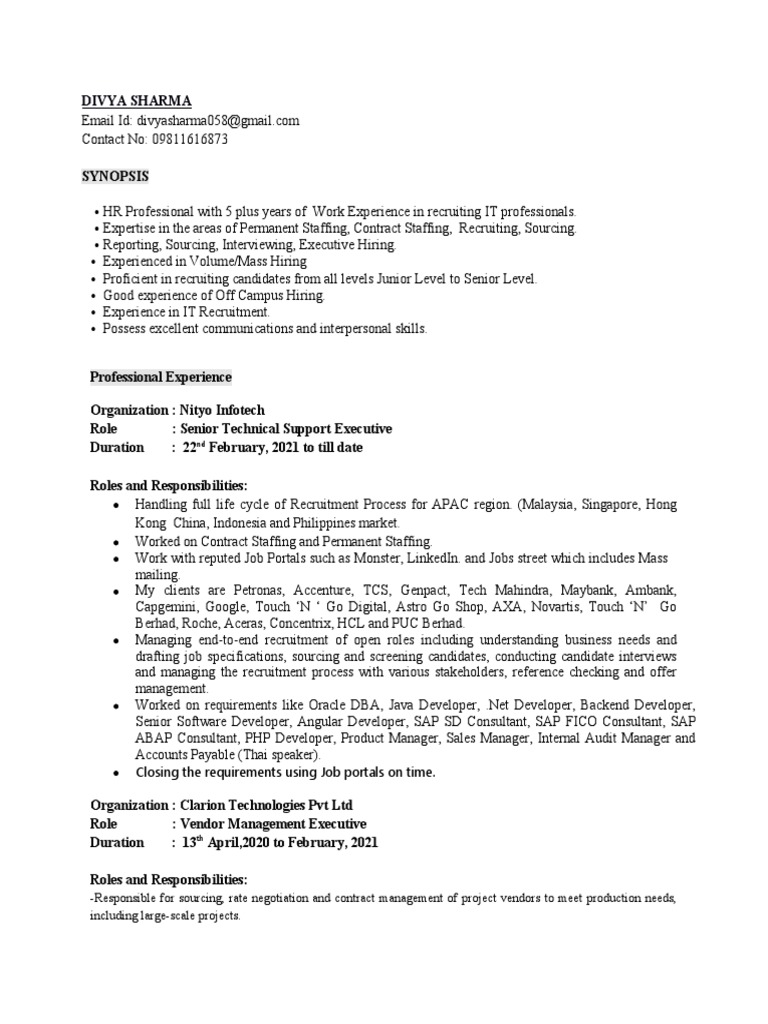 Divya Sharma Resume 2021 Download Free Pdf Recruitment Business