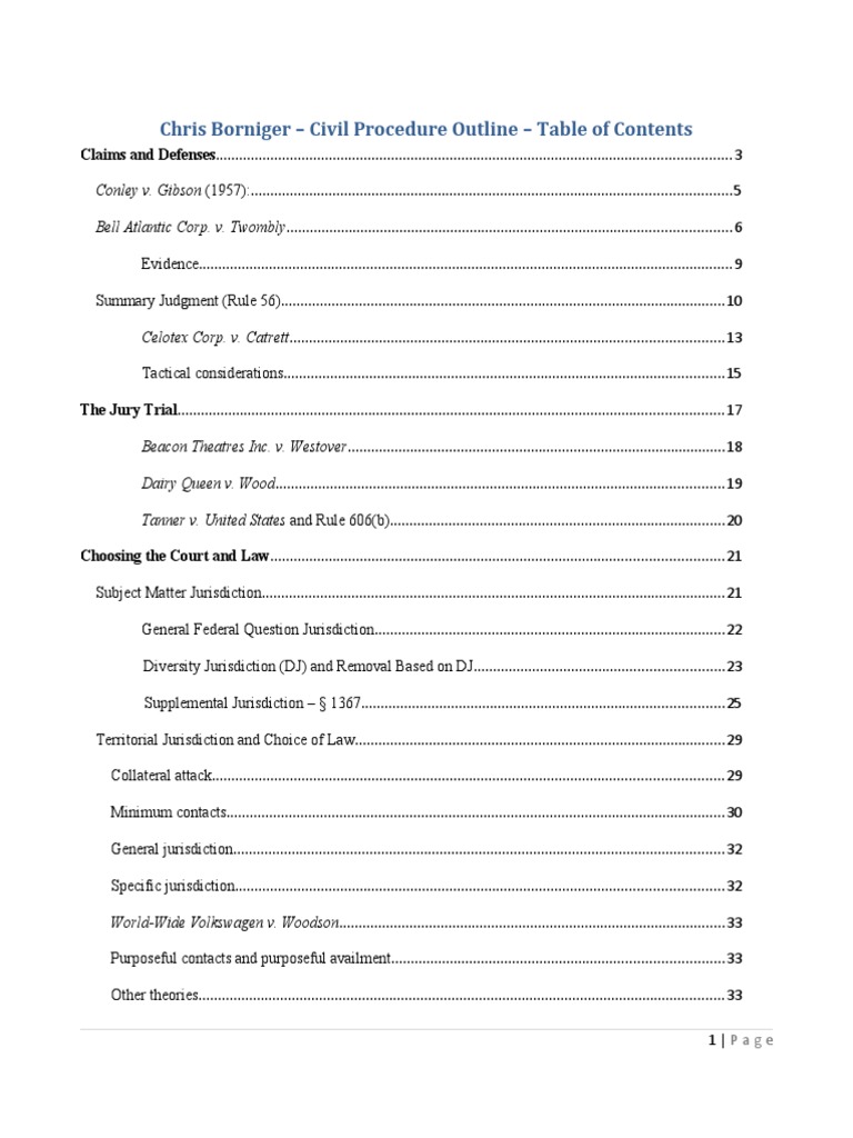 Chris Borniger - Civil Procedure Outline - Table of Contents | PDF ...