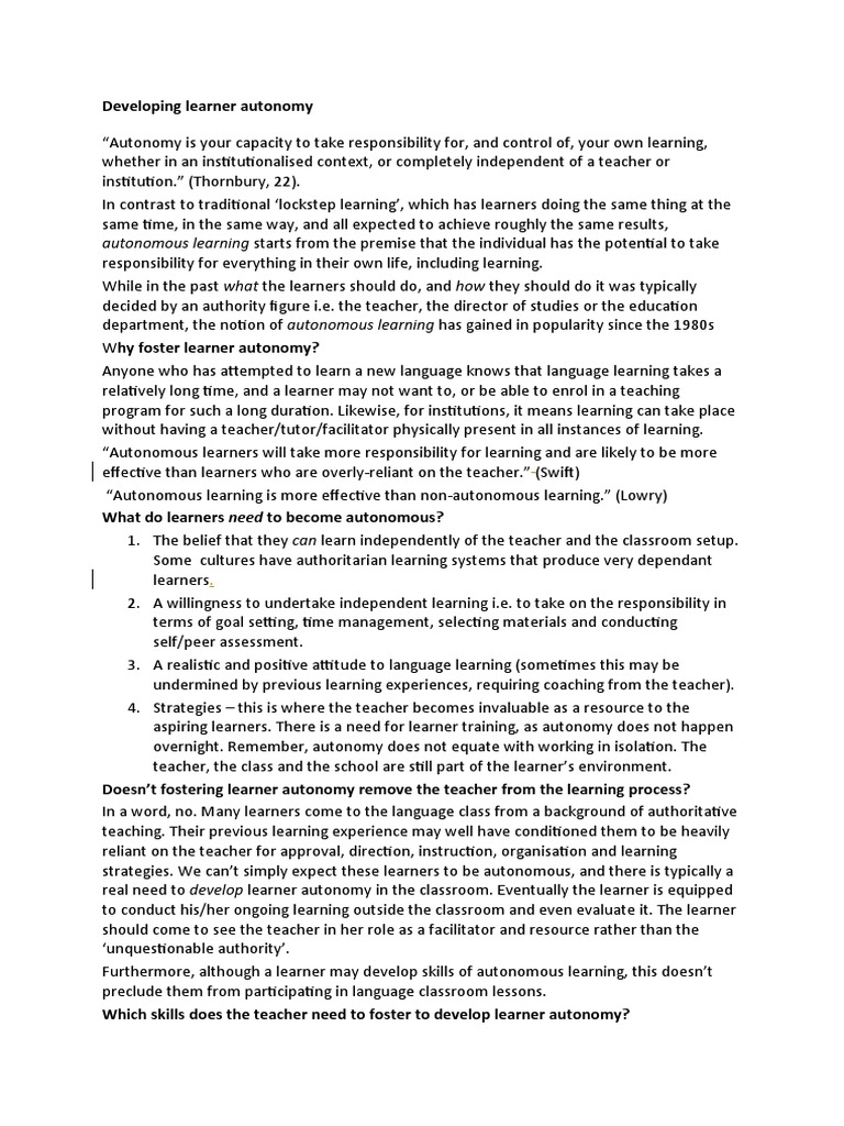 Developing Learner Autonomy | PDF | Teachers | Learning
