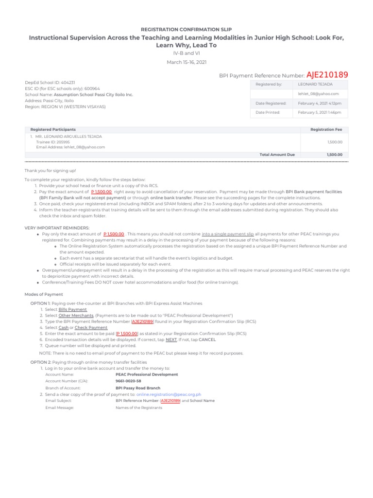 PEAC Registration Confirmation Slip AJE210189 | PDF | Payments | Receipt