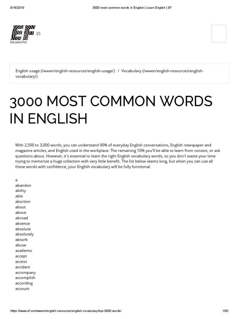 3000 Most Common Words in English - Learn English - EF | PDF | English ...