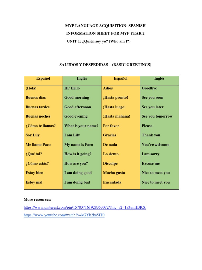 MYP Year 2 Spanish - Unit 1 Information Sheet | PDF | Linguistics ...