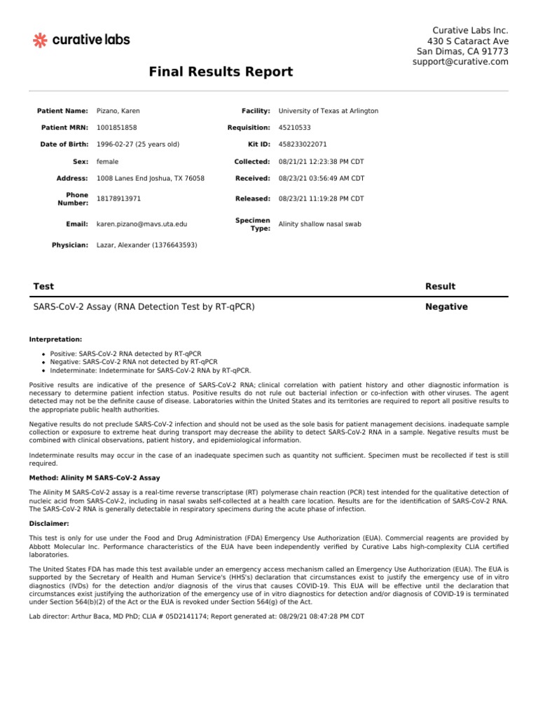Negative Covid Test | PDF | Real Time Polymerase Chain Reaction | Infection