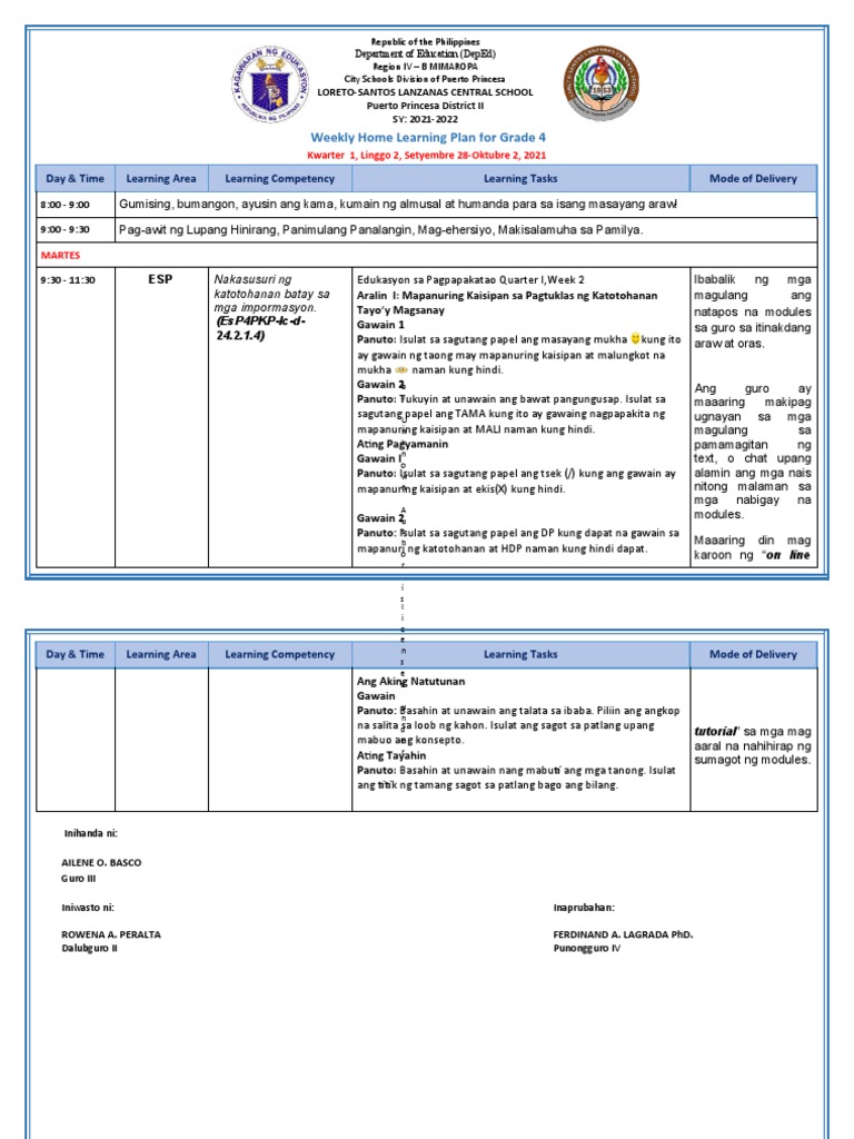 WEEKLY HOME LEARNING PLAN-oct Week 2-Esp | PDF
