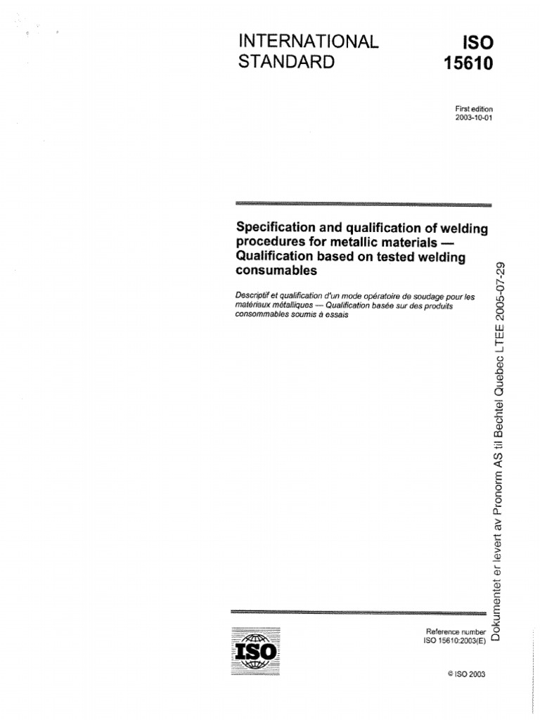 ISO 15610-2003 - Qualification Based On Tested Welded Consumables | PDF