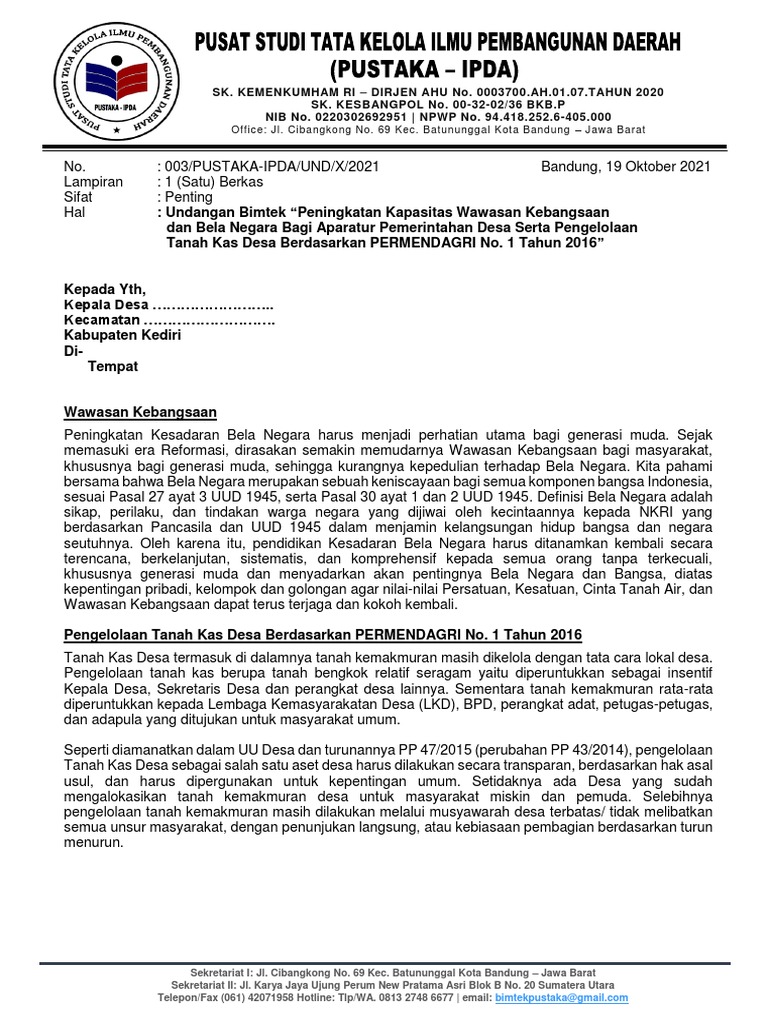 (KDR - 19102021) Surat Undangan Bimtek Desa Kab Kediri Pii | PDF