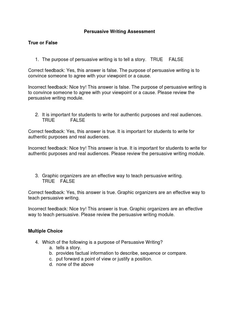Persuasive Writing Assessment True or False | PDF | Writers | Argument