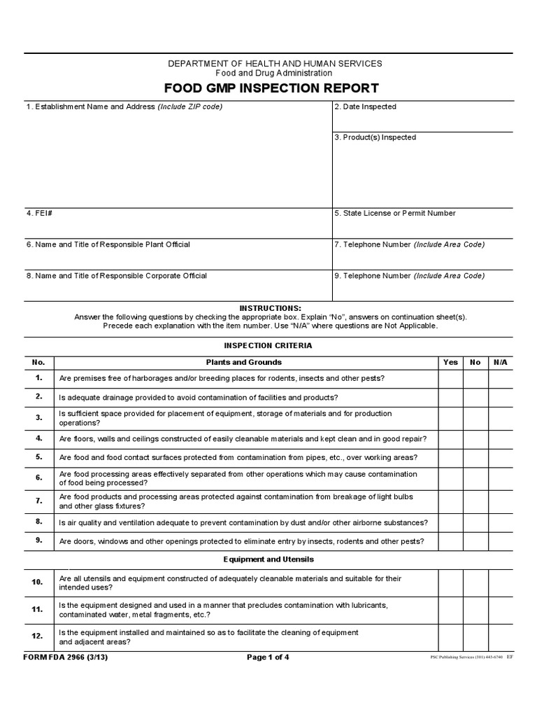 Form FDA 2966 - Food GMP Inspection Report270348720211027 | PDF | Water ...