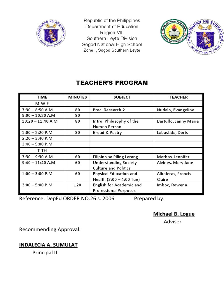 Teacher'S Program: Time Minutes Subject Teacher | PDF