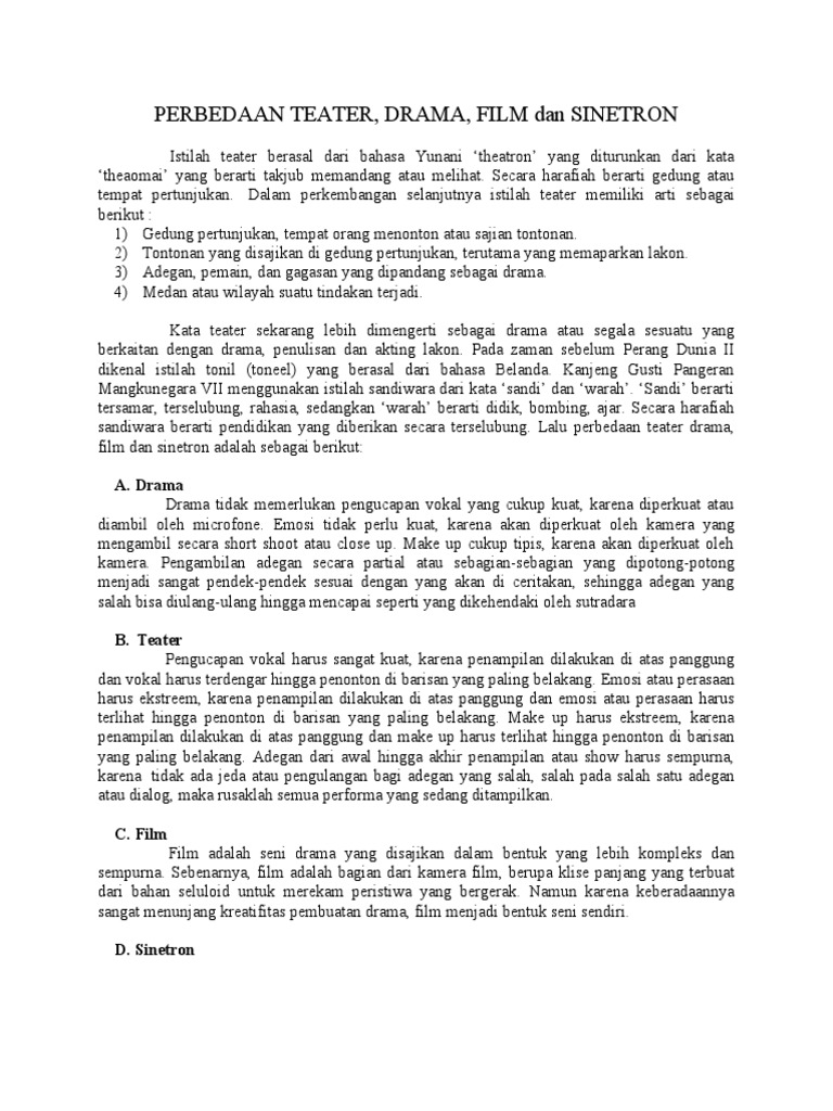 Perbedaan Teater, Drama, Film, dan Sinetron | PDF | Seni & Disiplin ...