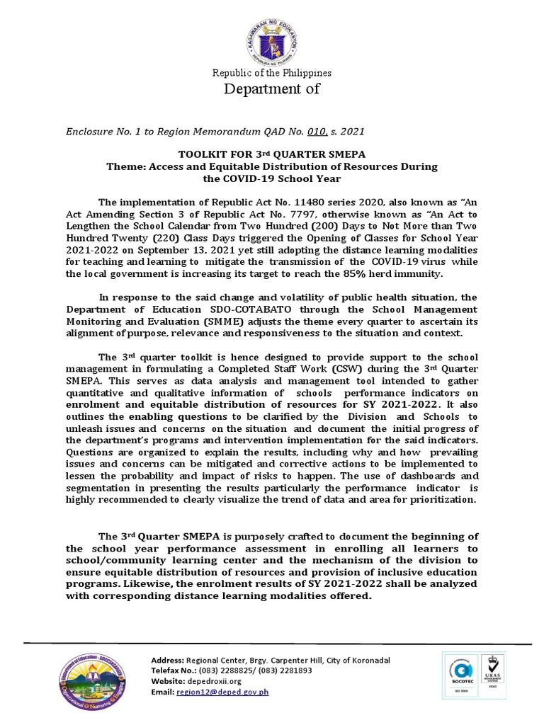 3rd Quarter SMEPA Toolkit 2021-2022 | PDF | Middle Schools