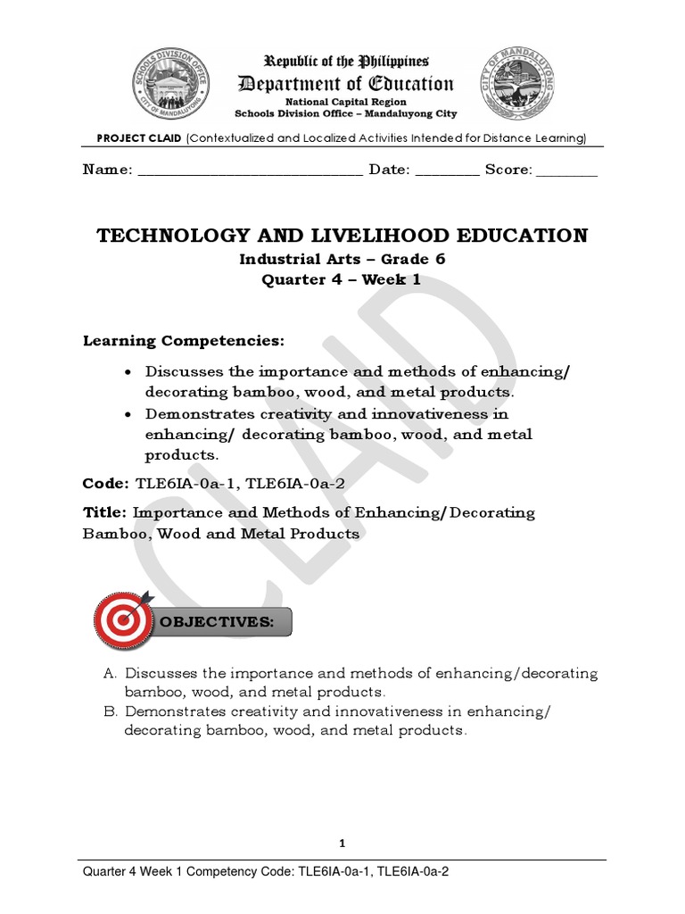 Technology and Livelihood Education: Industrial Arts - Grade 6 Quarter ...