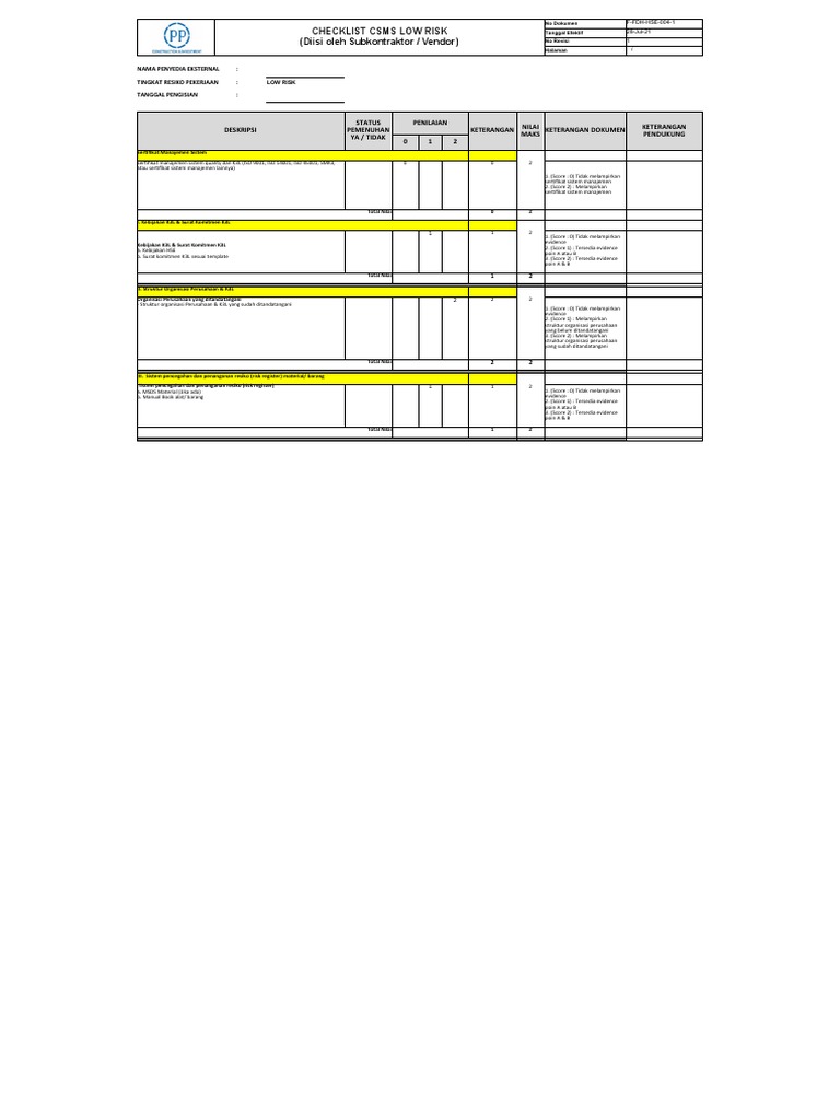 Checklist Low Risk | PDF