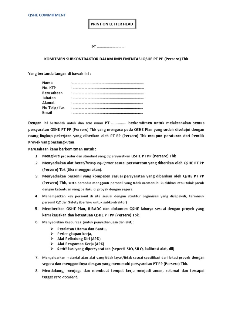 Komitmen QSHE Subkontraktor PT PP | PDF