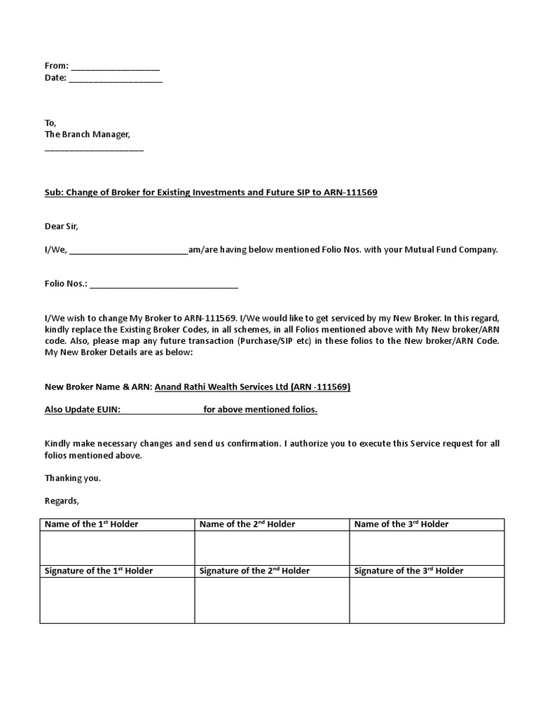 Change of Broker Request to ARN-111569 | PDF | Finance & Money Management
