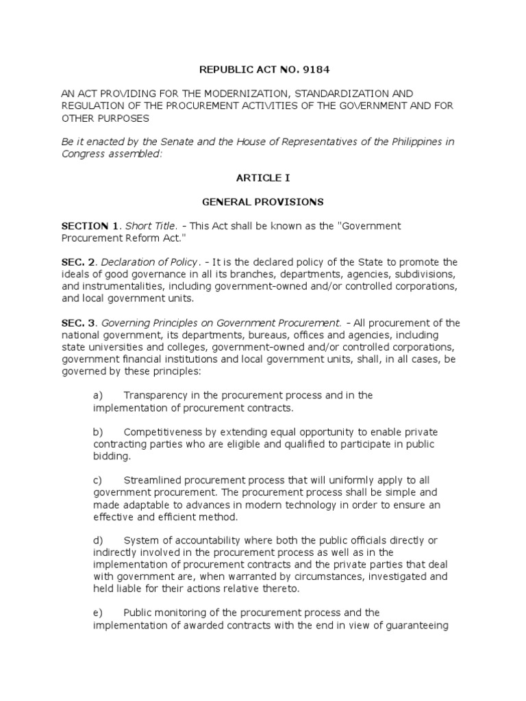 RA 9184 - Government Procurement and Reform Act | PDF | Procurement ...
