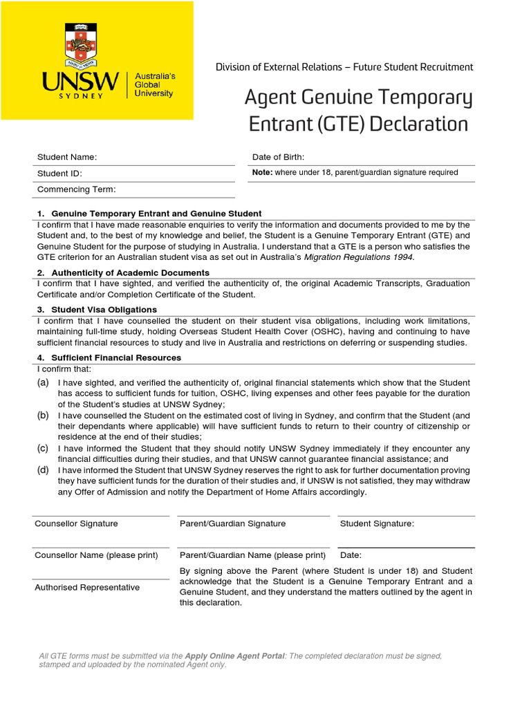 UNSW-GTE Declaration Form | PDF | Travel Visa | Authentication